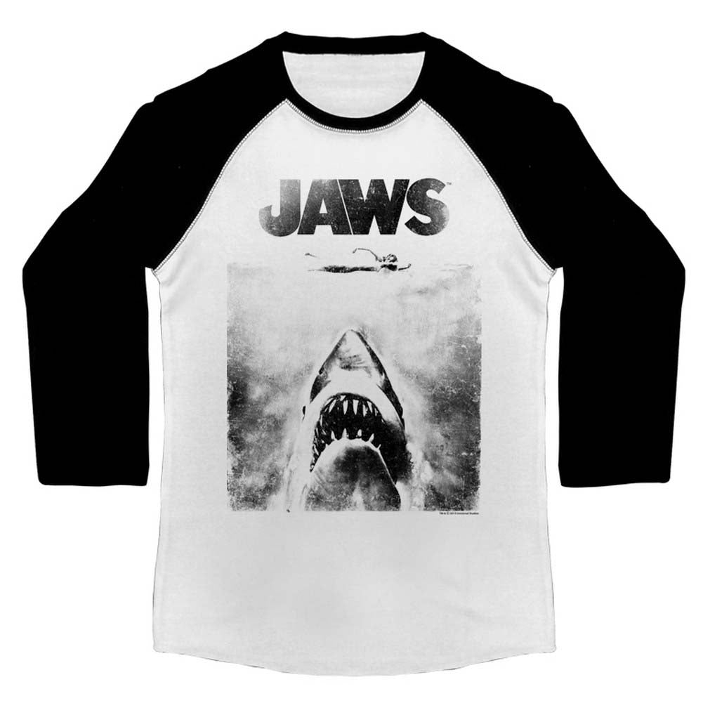 Jaws Raglan T-Shirt Black & White Poster White/Black 3/4 Sleeve Tee