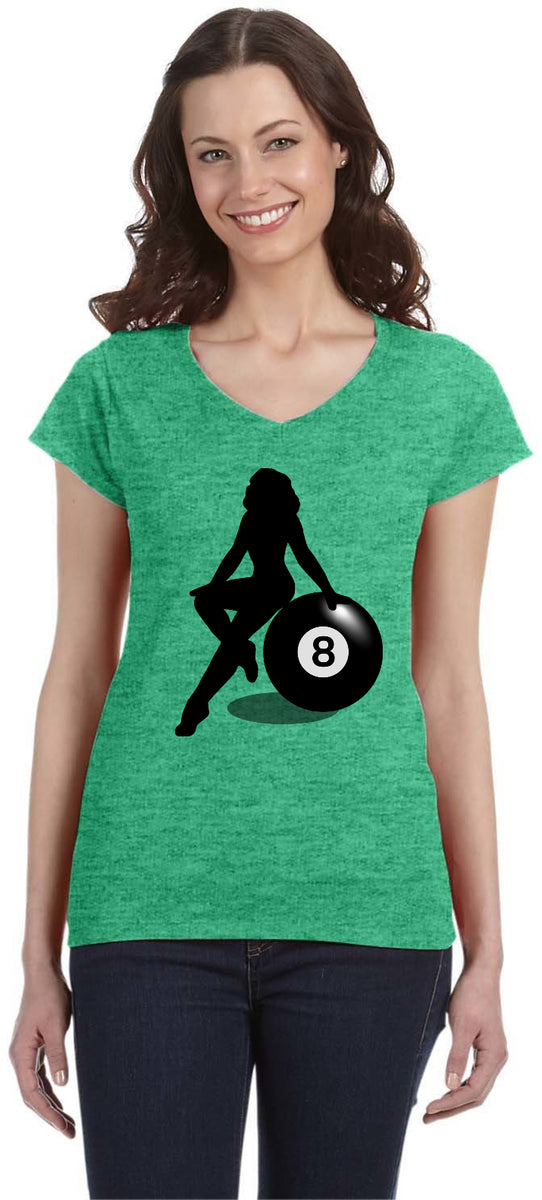 Billiards Pin Up Girl 8 Ball Ladies V-neck Shirt